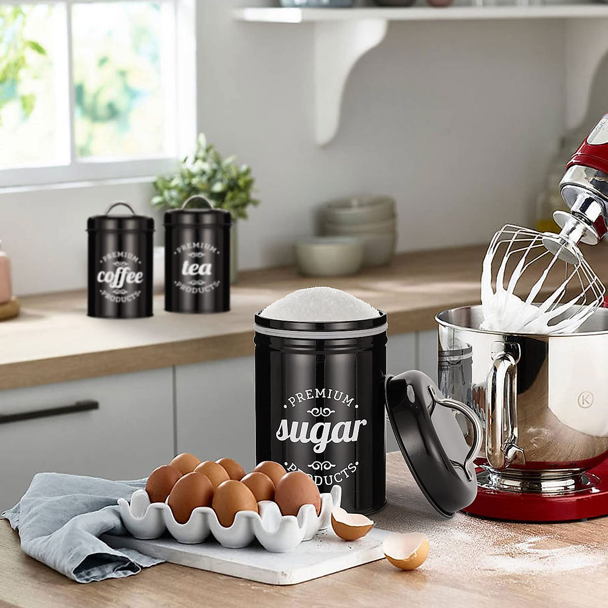 Dxlac 3pc, Food Jars Canisters for Coffee Tea Sugar, Airtight Stainless Steel Kitchen Food Storage Container Sets, Small Kitchen Canisters for Tea Coffee Sugar Storage