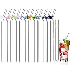 12 Pcs Reusable Glass Straws with 4 Cleaning Brushes, 8 mm x 7.9 Inch Bent Glass Butterfly Straws Colorful Butterfly on Clear Straws for Smoothie Cocktail Juice Shakes Beverages
