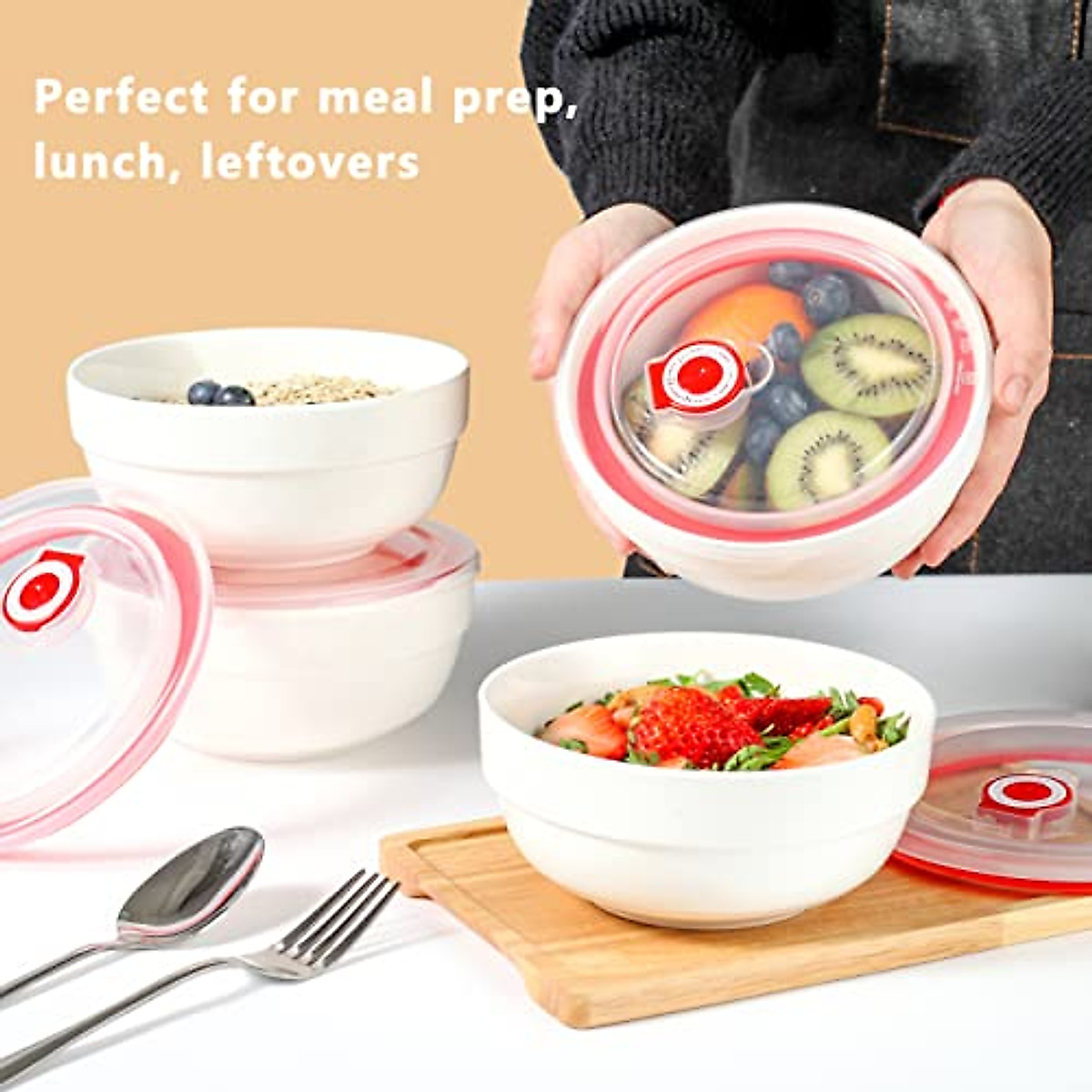 HAPPY KIT 6" 24oz Bowls with Lids, Airtight Food Storage Containers with Lids, Porcelain Soup Bowls Set of 4 for Cereal, Soup, Salad, Rice, or Pasta, Thick-edge Non-slip Design