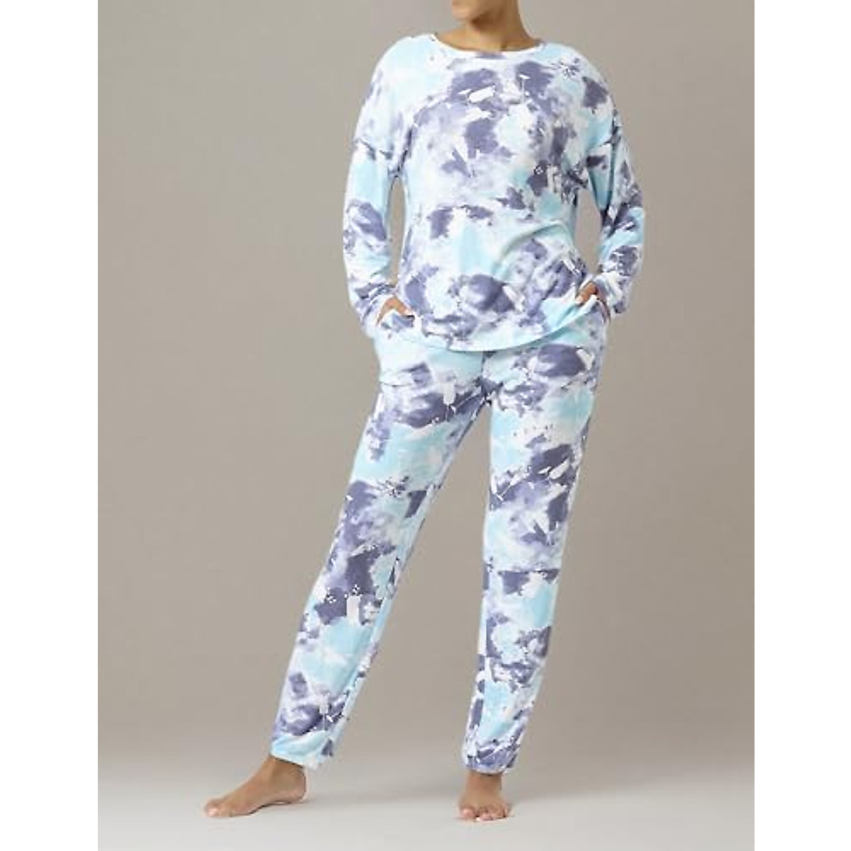 HUE Women's Long Sleeve Tee and Jogger Pant 2 Piece Pajama Set, Button Blue-Cloud Tiedye Cocktails, Large