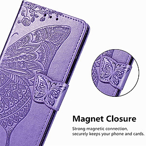 MEUPZZK Samsung Galaxy A14 5G Case, Samsung A14 5G Wallet Case, Embossed Butterfly Flower Premium PU Leather [Kickstand][Card Slots][Wrist Strap][6.6 inch] Phone Cover for Samsung A14 5G (A-Lavender)