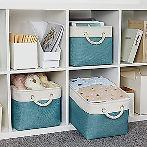 Bidtakay Set of 4 Bundled Baskets Storage Bins with Handles 15 X 11 X 9.5 Inches (White&Teal Blue)
