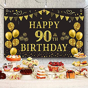 Trgowaul 90th Birthday Backdrop Gold and Black 5.9 X 3.6 Fts Happy Birthday Party Decorations Banner for Women Men Photography Supplies Background Happy Birthday Decoration