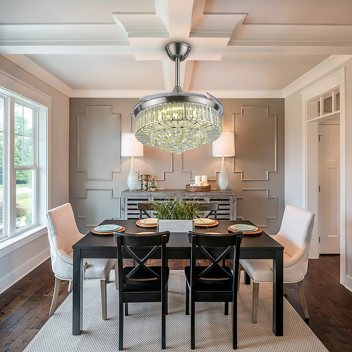 RuiWing 42'' Modern Fandelier Crystal Ceiling Fan with LED Light and Remote Control 3 Light Changes 3 Speeds Noise-Free Chandelier Ceiling Fan for Bedroom Indoor Living Room