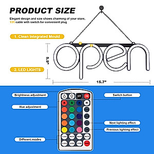 TZEXTZE Open LED Signs for Business,RGB Color Changing Neon Open Sign, 16x6 inches Open Window Sign with Remote Control & 12V Power Adapter for Storefront/Business Window