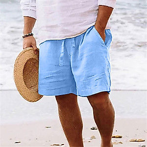 Board Shorts Boys Men Linen Shorts Elastic Waist Drawstring Cotton Linen Shorts with Pockets Loose Fit Outdoor Summer Beach Shorts Men Shorts 7 Inch Inseam Pack Light Blue 4X