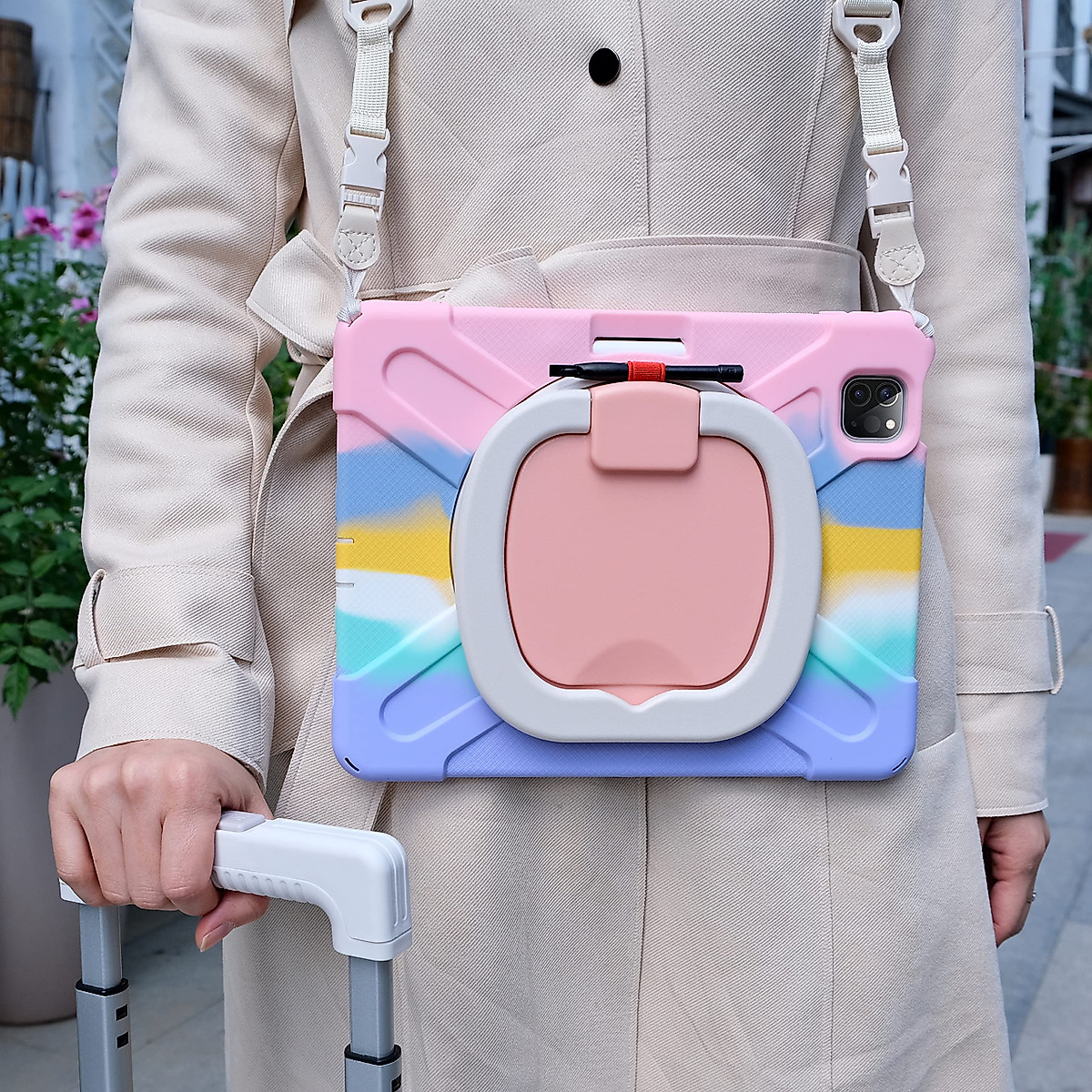 MEEgoodo Case for iPad Air 13 inch (M2) 2024 & iPad Pro 12.9 Case 6th/5th/4th/3rd Generation 2022 2021 2020 2018, Tablet Cover with Pencil Holder/Rotating Stand/Shoulder Strap for Kids, Colourful Pink