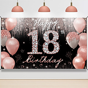 18th Birthday Decoration for Girls, Happy 18th Birthday Backdrop Banner Rose Gold, 18 Year Old Birthday Party Yard Sign Photo Booth Props Decor Supplies for Women, Vibrant Colors, Fabric, PHXEY