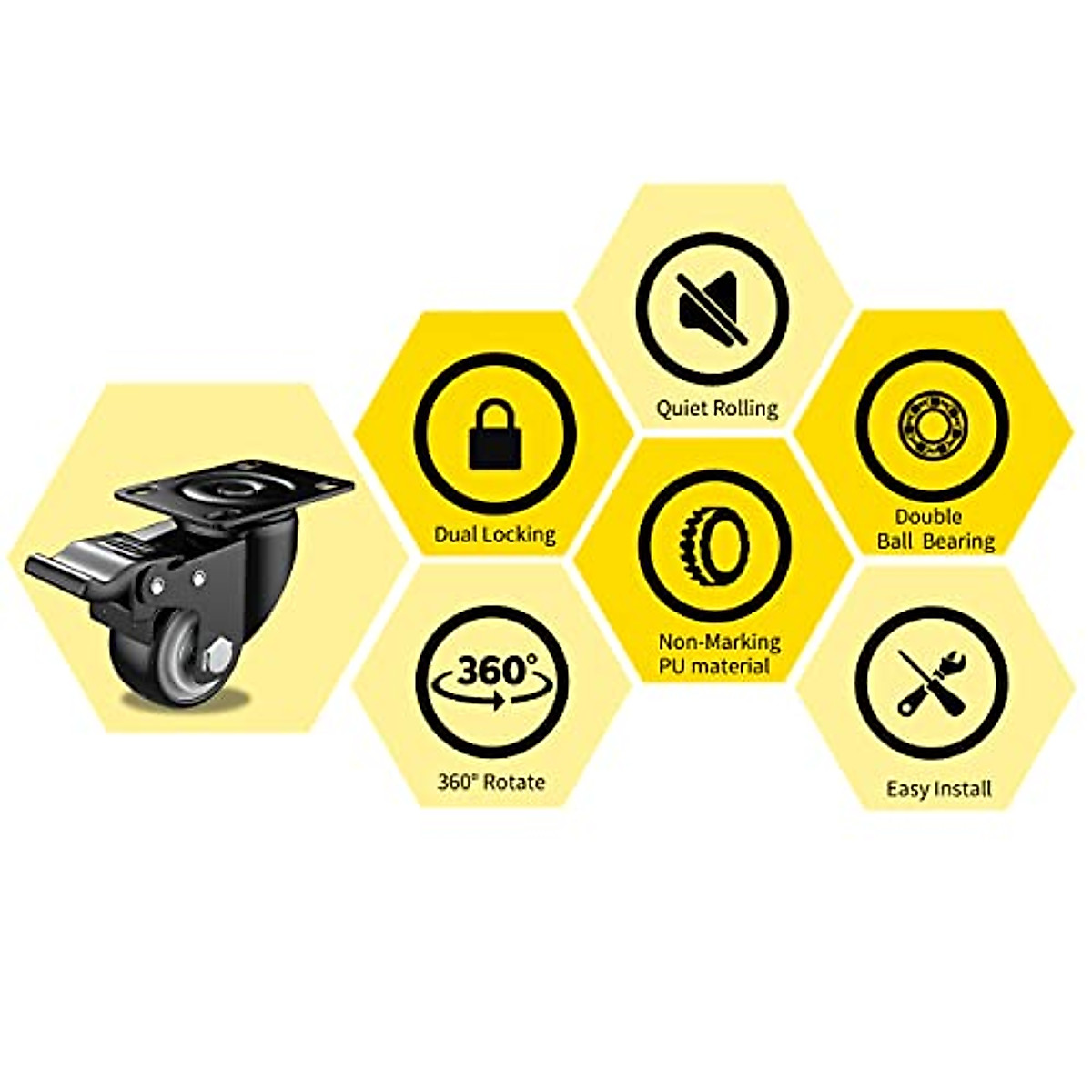 Amminle 1.5 Inch Swivel Casters, 1.5" Heavy Duty Plate Caster Wheel with 400 lbs Load, Dual Locking with 360 Degree Rotation, No Noise Locking Casters Set of 4 with Screws and a Screwdriver