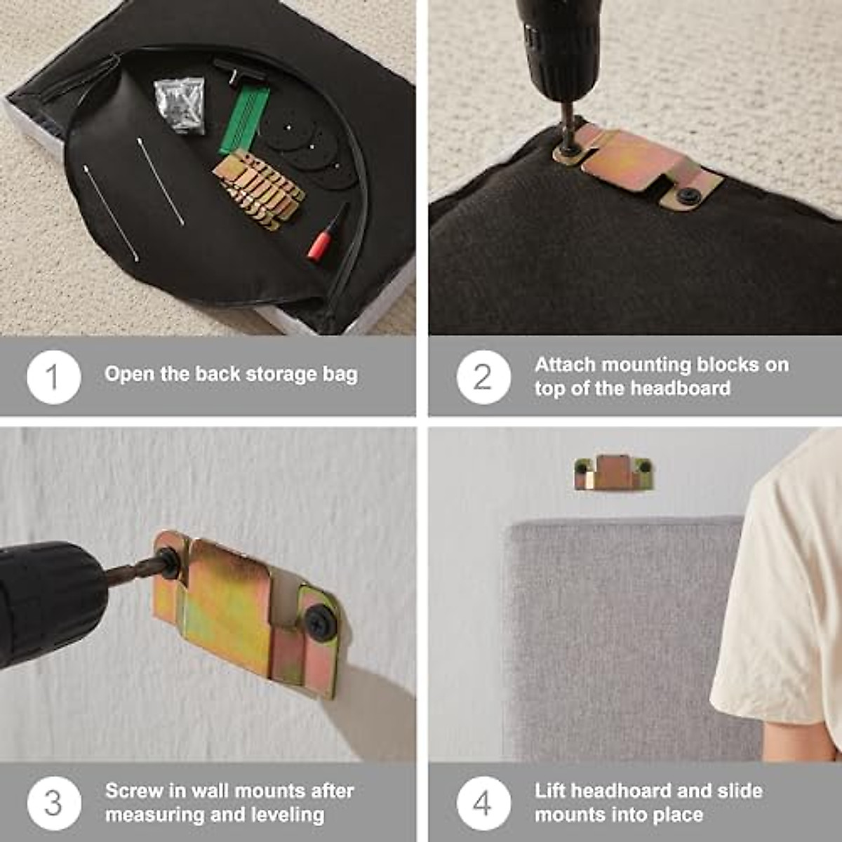 Iroomy Wall Mounted Headboard Queen with Brown Faux Leather Straps, Linen Fabric Upholstered Headboard with Adjustable Heigh Headboard, Queen Headboard with Metal Bar for Dining Room, Bedroom, Grey