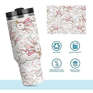pnyoin Sping Running Bunny Insulated Tumblers 30 oz Water Bottle Stainless Steel Tumbler Cups with Handle and Straw BPA-Free Travel Coffee Mug for Camping Office