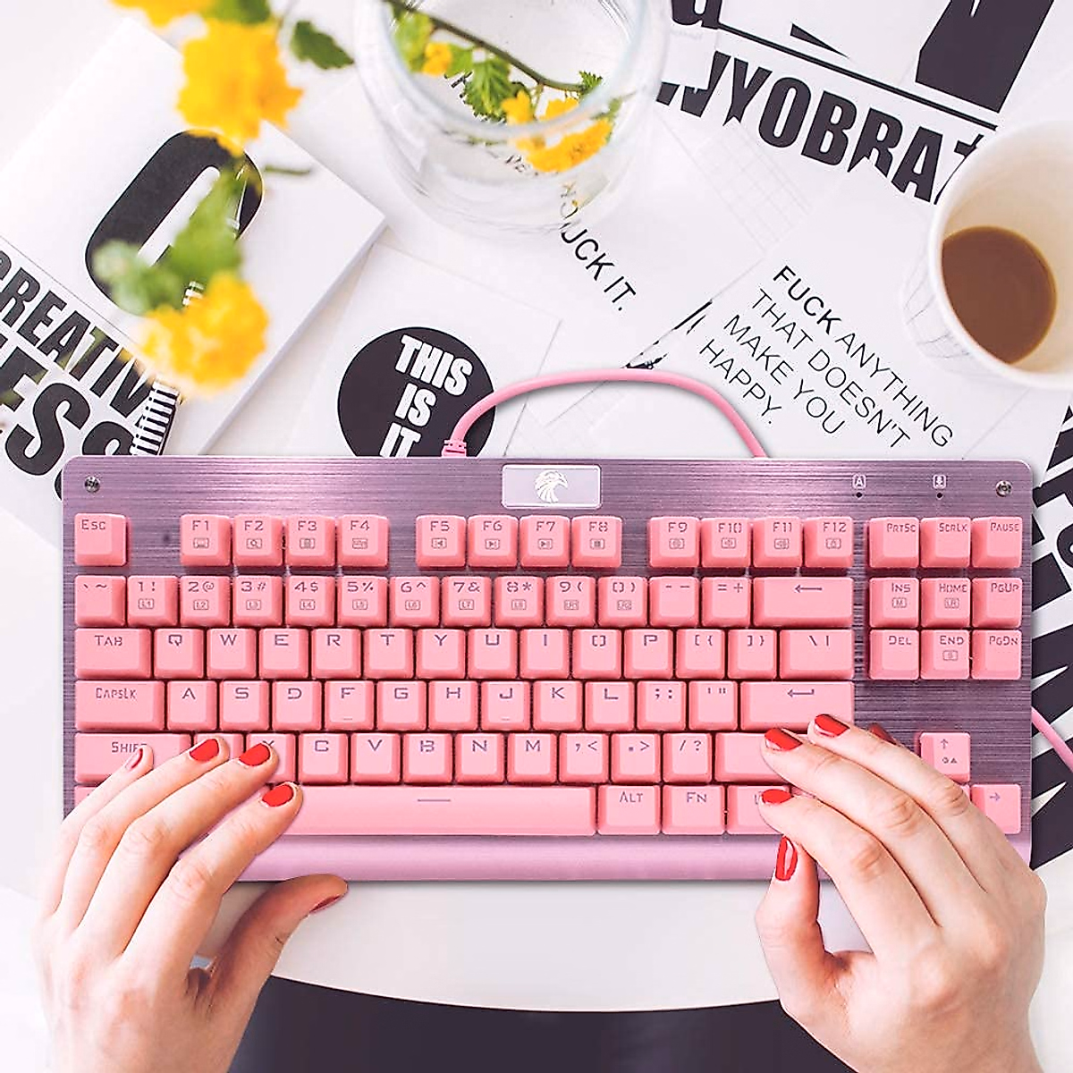 Granvela E-yooso Pink Z-77 Mechanical Keyboard | Aluminium Panel |Tactile Brown Switches | Rainbow LED Backlit | N-Key Rollover | 87-Key Tenkeyless | Hot Swappable