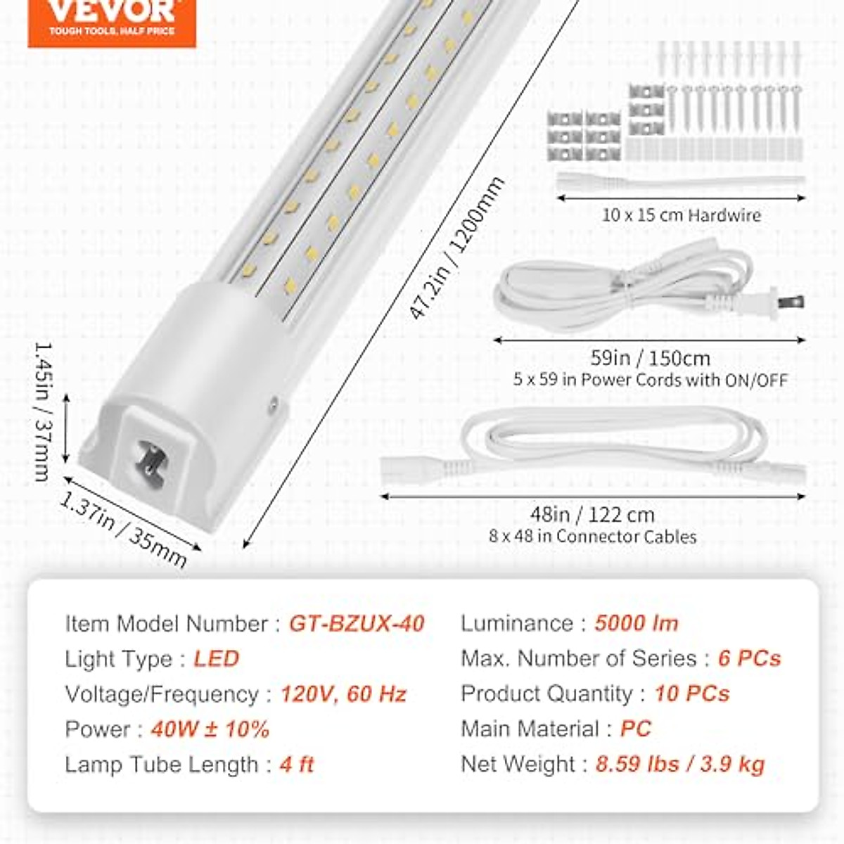 VEVOR 10 Pack LED Shop Light, 4 FT, 40W Linkable Shop Light Fixture, 5000 LM Ceiling Lights 59 in Power Cords with ON/Off Switch 48 in Connector Cables, for Garage Warehouse Home Workkshop and Office