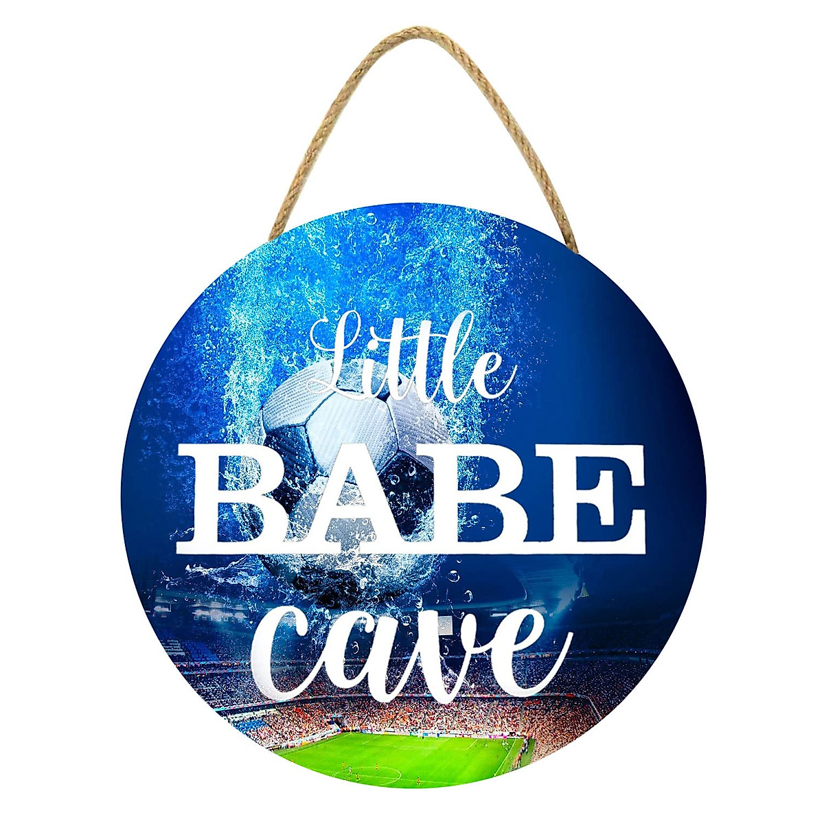 KPSheng Little Babe Cave Wooden Sign,Soccer Door Decor Plaque, Door Hanger Nursery Decoration for Boys, Wood Wall Hanging Wreath for Toddler Kids Room Bedroom Playroom, 11 x 11 Inch