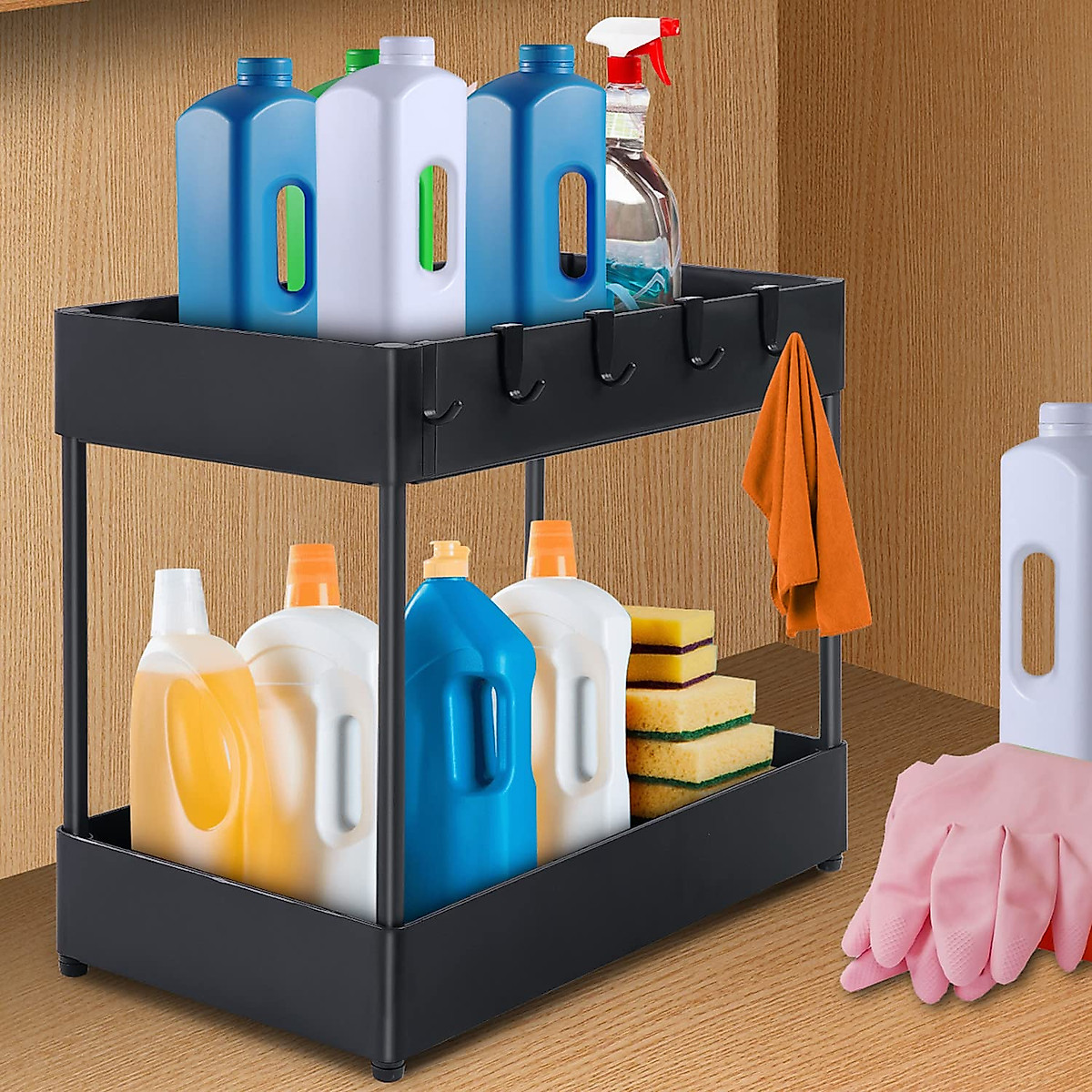 Under Sink Organizer and Storage - Bathroom Organizer - Multi-purpose Kitchen Organizer Countertop Storage Shelf Holder with Hooks,1 Pack