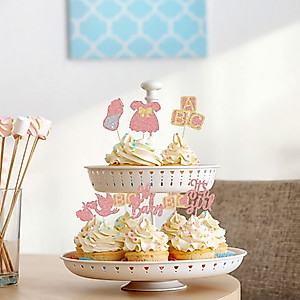 24Pcs Baby Shower Oh Baby Cupcake Toppers Rose Gold Glitter Bow Dress Bottle Swan It's a Girl Cake Picks Decorations for Baby Shower Gender Reveal Girls Birthday Party Supplies