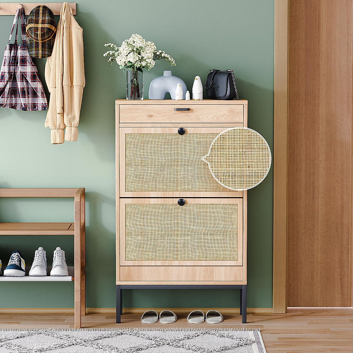 Yechen Shoe Rack Storage Organizer with 2 Natural Rectangular Rattan Doors, Entryway Wooden Shoe Cabinet for Sneakers, Leather Shoes, High Heels, Slippers (1 Piece, Oak)