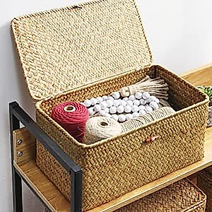 FEILANDUO 6 Pieces Wicker Basket with Lid Seagrass Woven Basket Box Home Shelf Storage Organize Boho Decor