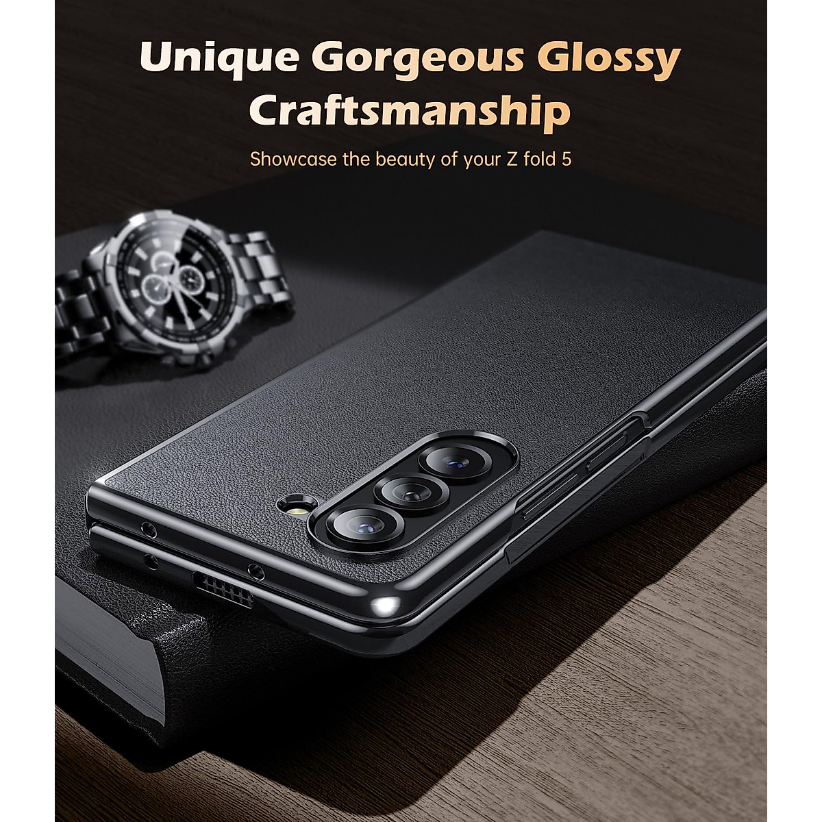JUESHITUO 3-in-1 for Samsung Galaxy Z Fold 5 Case, [Omni-Directional Protection] [Metallic Glossy Bumper] Fascinating Touch Silm Fit Stylish Leather 5g Case for Galaxy Z Fold 5 Phantom Black