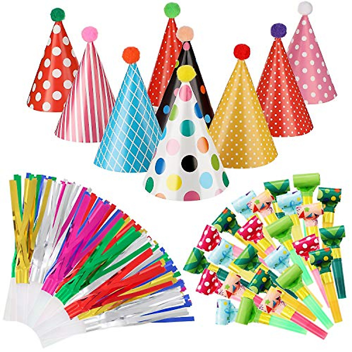 Skylety 59 Pieces Party Cone Hats with Colorful Party Blowers and Metallic Fringed Noise Makers Birthday Blowouts Horns Whistles Musical Noisemaker