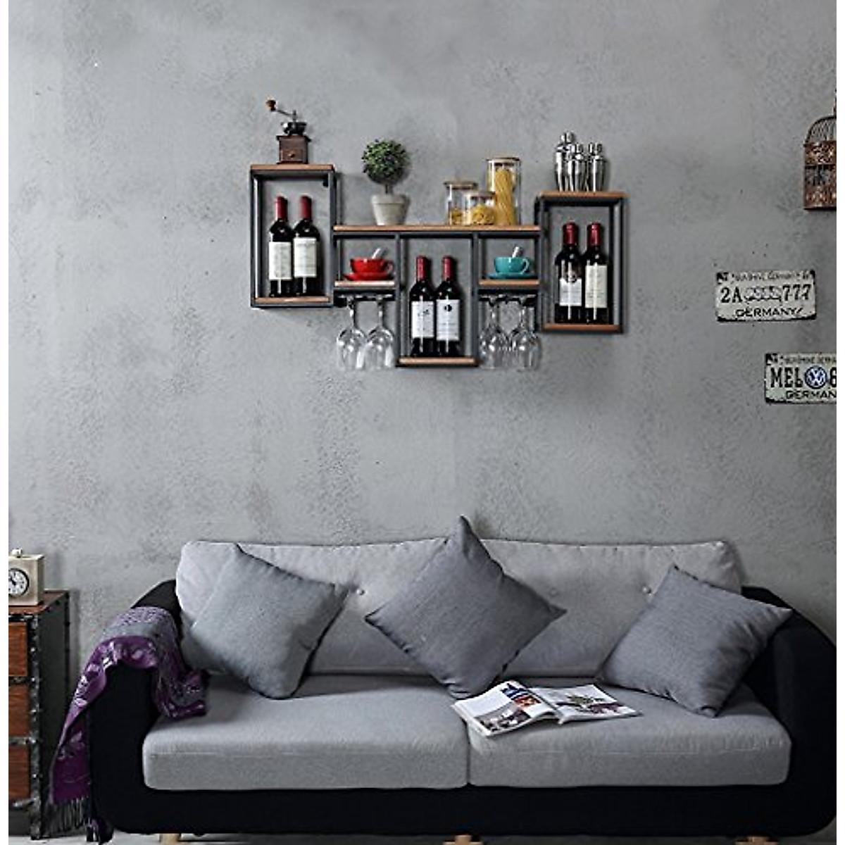 Wine Rack Stylish Simplicity Wrought Iron Wall Mounted Europeanstyle Retro Solid Wood Multifunctional Storage Rack Wine Cabinets for Living Room Bar, PIBM