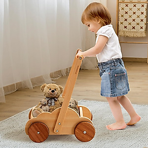 Beright Wooden Baby Walker Push Toy, Learning Educational Walking Toys for Babys Toddles, Adjustable Speed & Height, Natural Beech, not with Building Blocks