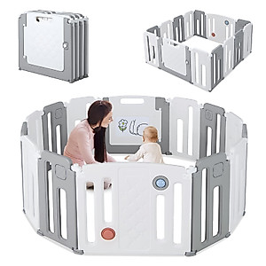 Costzon Baby Playpen, 14-Panel Extra Large Playpen for Babies and Toddlers, Foldable Activity Play Center with Safety Gate, Whiteboard, Indoor and Outdoor Baby Fence NO Gaps for Boys Girls
