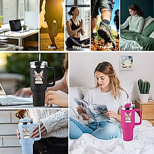 LB LEOBON 40 ounce insulated cup with handle, double-layer vacuum stainless steel material, equipped with straw, can keep warm or maintain cold drinks Easter Rabbit H Light pink