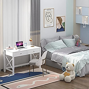 EdMaxwell White Home Office Desk with Drawers, Modern Writing Computer Desk, Small Makeup Vanity Table Desk for Bedroom, Study Table for Home Office