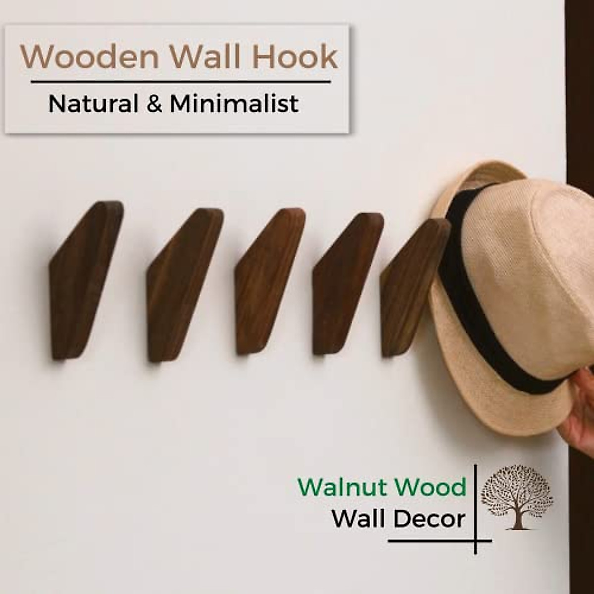 oldcitywood OCW Coat Hooks Pack of 6, Decorative Wall Hooks, Modern Coat Rack, Wooden Towel Hanger, Hooks for Wall, Walnut Wood Wall Storage