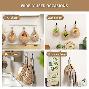 INJORAN Boho Wall Hanging Fruit Baskets for Kitchen 3 Pack Woven Produce Holder with 6 Pcs Strong Hooks Vegetable Hanging Basket for Organizing Teardrop Home Wall Potato Onion Storage, Linen