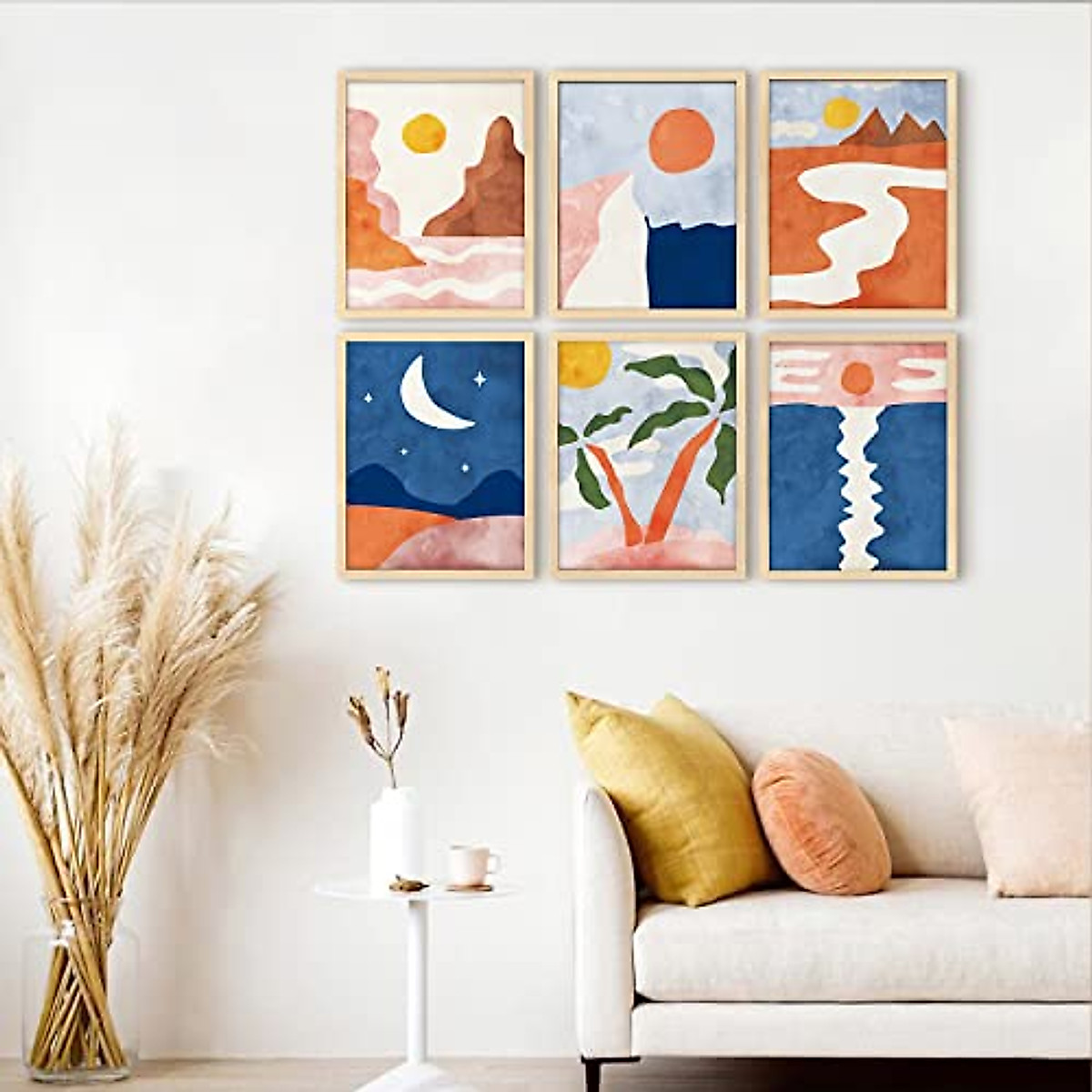 ArtbyHannah 8x10 Boho Framed Wall Art Set of 6 with Mid-Century Bohemian Motifs for Home Gallery Wall Art Decor