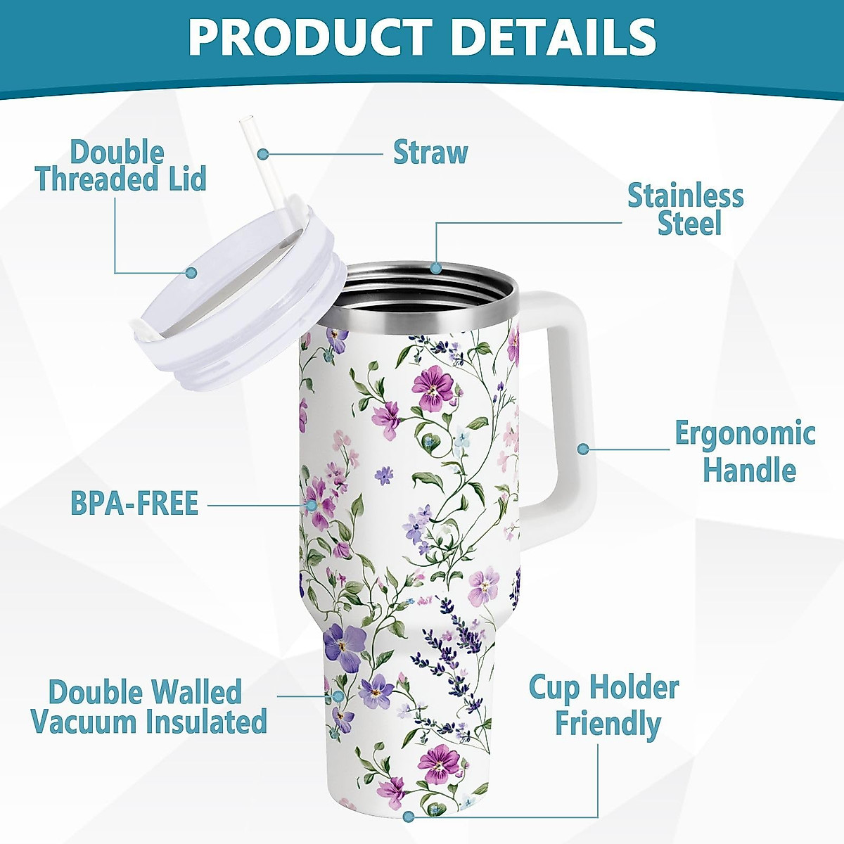 ALAZA Cute Flowers 40 oz Tumbler Water Bottle with Straw Lid and Handle,Reusable Insulated Stainless Steel Cup for Women Men Travel Car Cup Holder