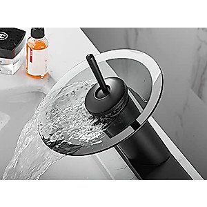 Bathroom Faucet Black Glass Waterfall Spout Single Handle 360° Swivel Solid Brass Bath Basin Lavatory Sink Vanity Faucet One or 3 Hole Commercial with Deck Plate