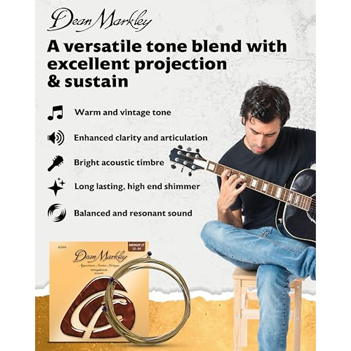 Dean Markley Signature Vintage Bronze Acoustic Guitar Strings 6 String Set, 12-54 Acoustic Guitar Strings Medium Light, Precision Wound Guitar Strings Acoustic with Superior Tone Quality, Made in USA