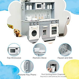 OLAKIDS Kids Kitchen Playset, Pretend Cooking Food Set for Toddlers with Real Light and Sound, Stove, Microwave, Sink, Water Dispenser, Large Storage Cabinet, Role Play Chefs Toy Gift for Boys Girls