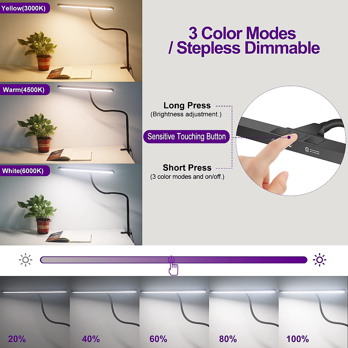 EOOKU LED Desk Lamp for Office Home, 12W Desk Light with Stepless Dimming Multi-Lighting Modes Adjustable Flexible Gooseneck for Reading, Study, Workbench