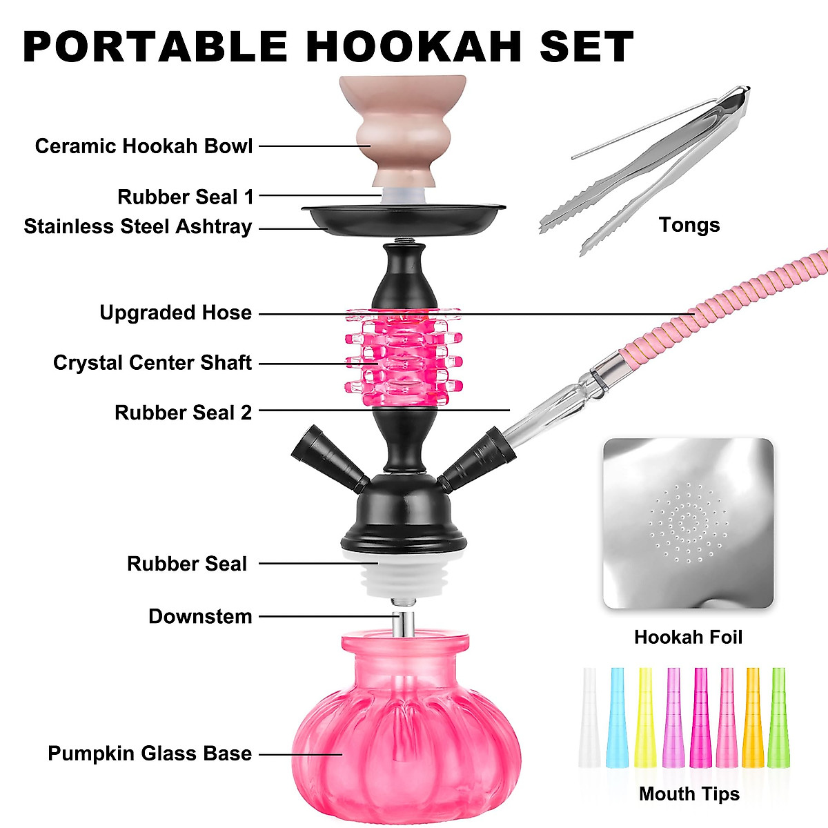 11'' 2 Hose Hookah Set With Everything - Mini Glass Pumpkin Vase, 50 Hookah Tips, 50 Hookah Foil (Pink)