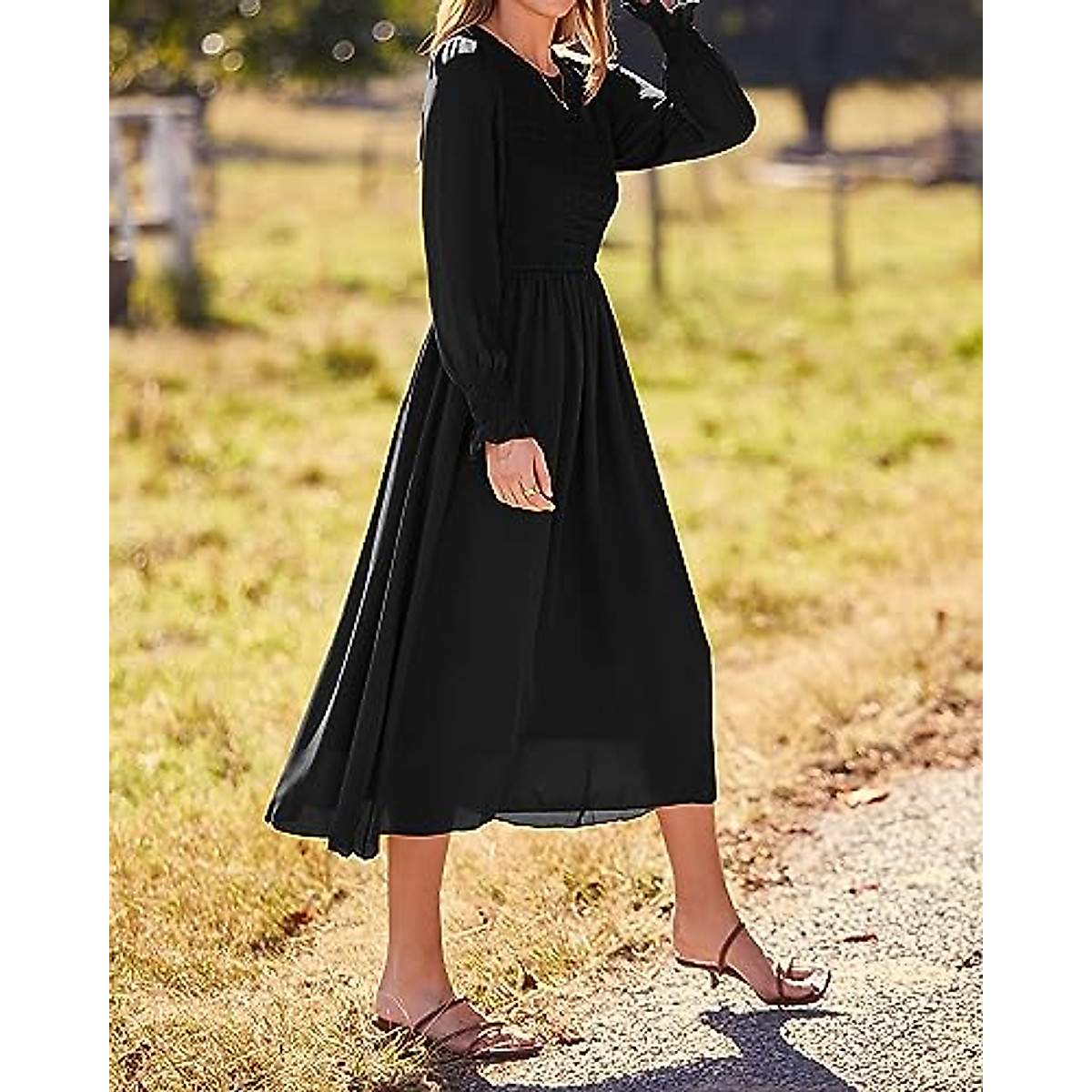 dowerme Women Casual Petal Long Sleeve Crewneck Smocked A-Line Flowy Solid Maxi Dress Fall Winter Party Cocktail Dresses(Solid Black,Large)