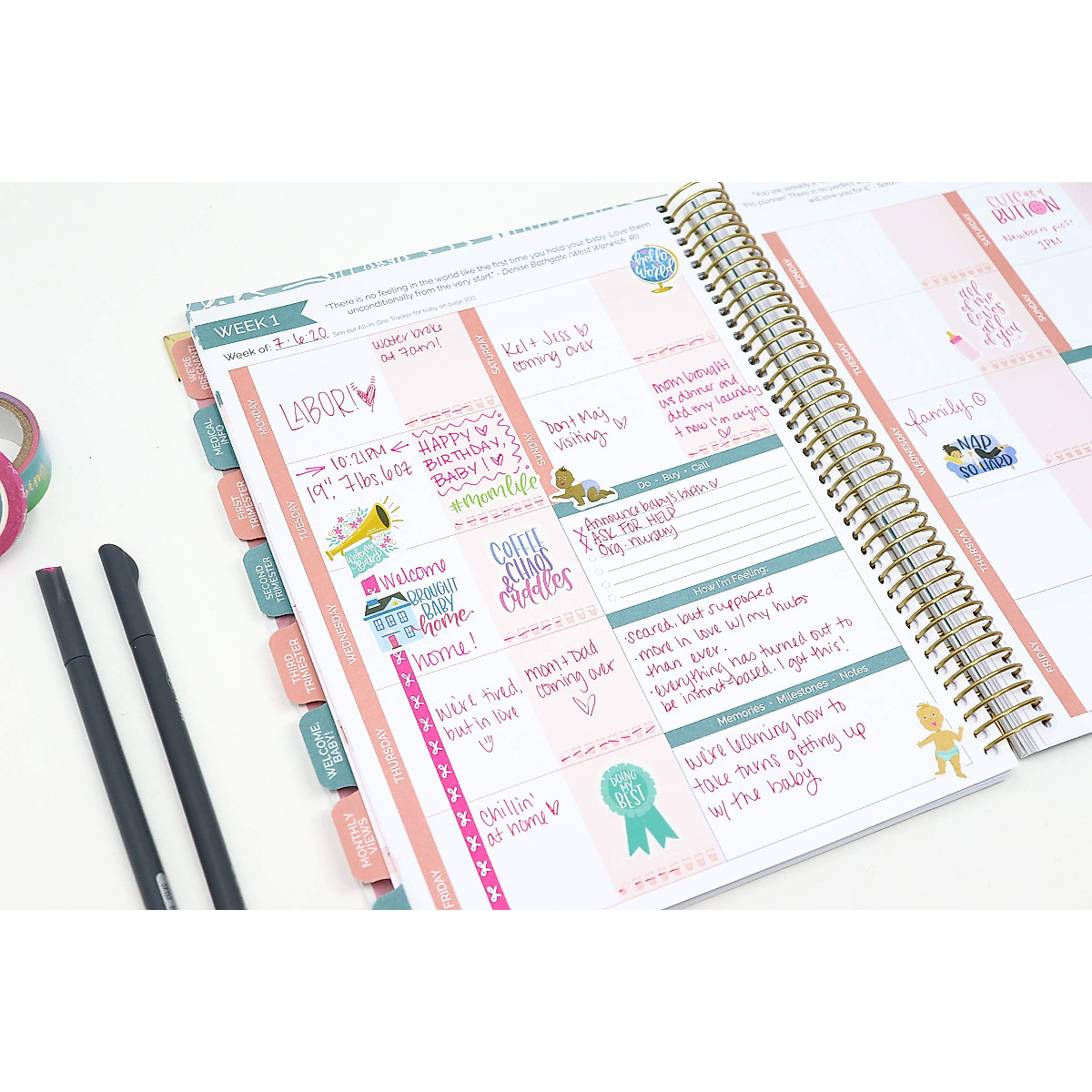bloom daily planners New Pregnancy and Baby's First Year Calendar Planner & Keepsake Journal with Stickers - Hardcover Scrapbook Memory Book Organizer - Undated - 8” x 10" - Green & Pink