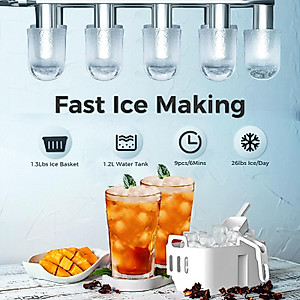 Ice Maker Countertop Portable Compact Small Mini Bullet Ice Machine with Self-Cleaning,9 Bullet Ice Cubes in 6 Mins,26Lbs/24H, Bullet Ice Maker with Scoop and Basket for Home Indoor Outdoor Camping
