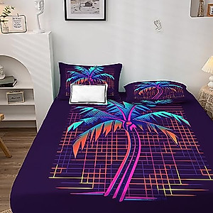 Palm Tree Sheets Full Size, Tropical Plants Neon Bed Sheets, Patterned Bedding Sheets & Pillowcases 4 Piece Set - Soft Microfiber Deep Pocket Fitted Sheet & Flat Sheet & 2 Pillow Cases K0-&-155