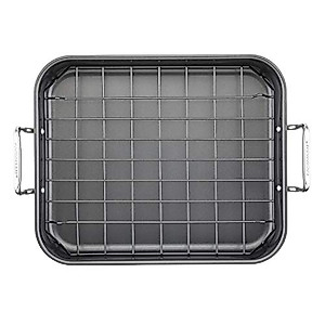 Rachael Ray Bakeware Nonstick Roaster/Roasting Pan with Reversible Rack, 16.5 Inch x 13.5 Inch, Gray