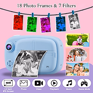 Kids Instant Camera, Mijiaowatch 12MP/1080P Kids Digital Print Camera with 3.5 Inch Cameras for Kids 32GB TF Card, Kids Gift Toys for Ages 3-14 (Blue)