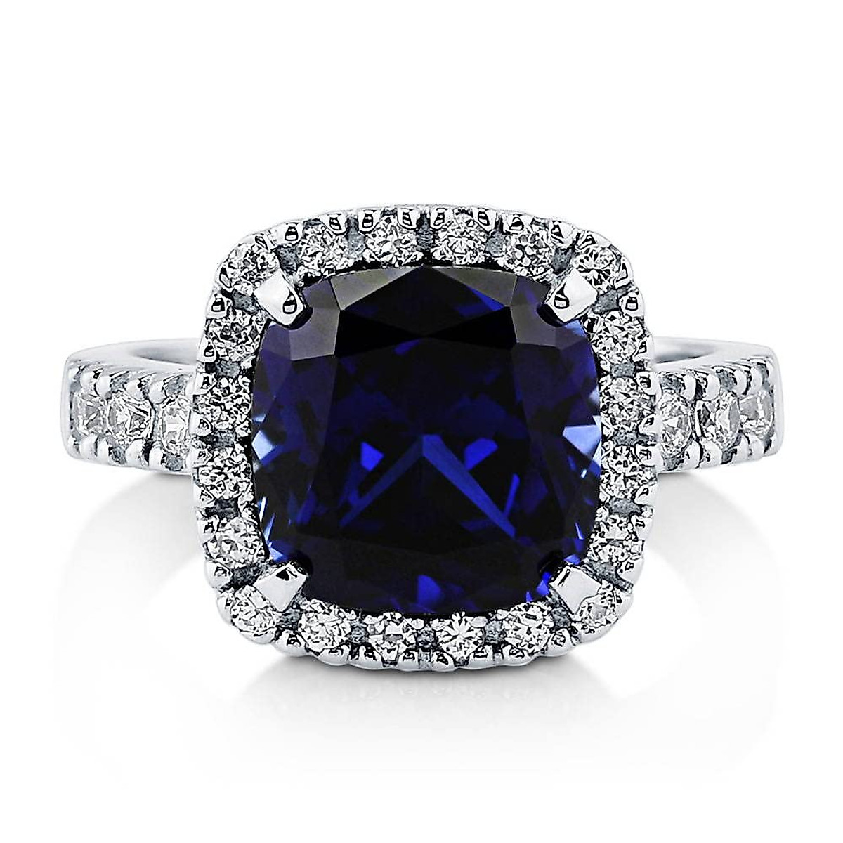 BERRICLE Sterling Silver Halo Simulated Blue Sapphire Cushion Cut Cubic Zirconia CZ Statement Cocktail Fashion Ring for Women, Rhodium Plated Size 6