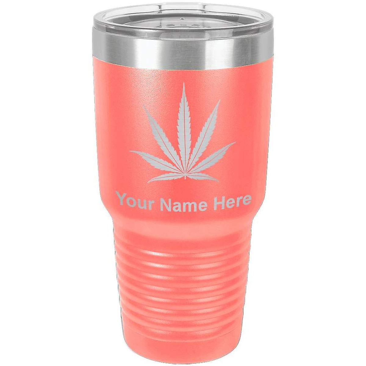 LaserGram 30oz Vacuum Insulated Tumbler Mug, Marijuana leaf, Personalized Engraving Included (Coral)