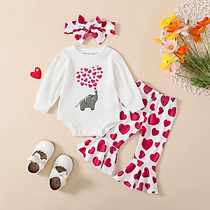 ADXSUN Baby Girl Valentine's Day Outfits Heart Print Romper+Flared Pants+Headband Infant Clothes 0-18 Months