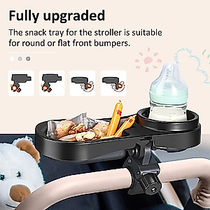 2 in 1 Universal Stroller Snack Tray with Cup Holder, Snack Catcher and Drink Holder for Stroller Snack Tray Attachment - Upgraded Removable Clip for Bumper Bar of Stroller Tray for Baby (Black)