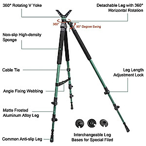 HUNTPAL Aluminum Hunting Shooting Stick Rifle Tripod Gun Rest with Removable 360° Horizontal Rotation 90° Swing Leg, Adjustable Telescope Monopod Bipod with V Yoke Head & Interchangeable Spike Feet