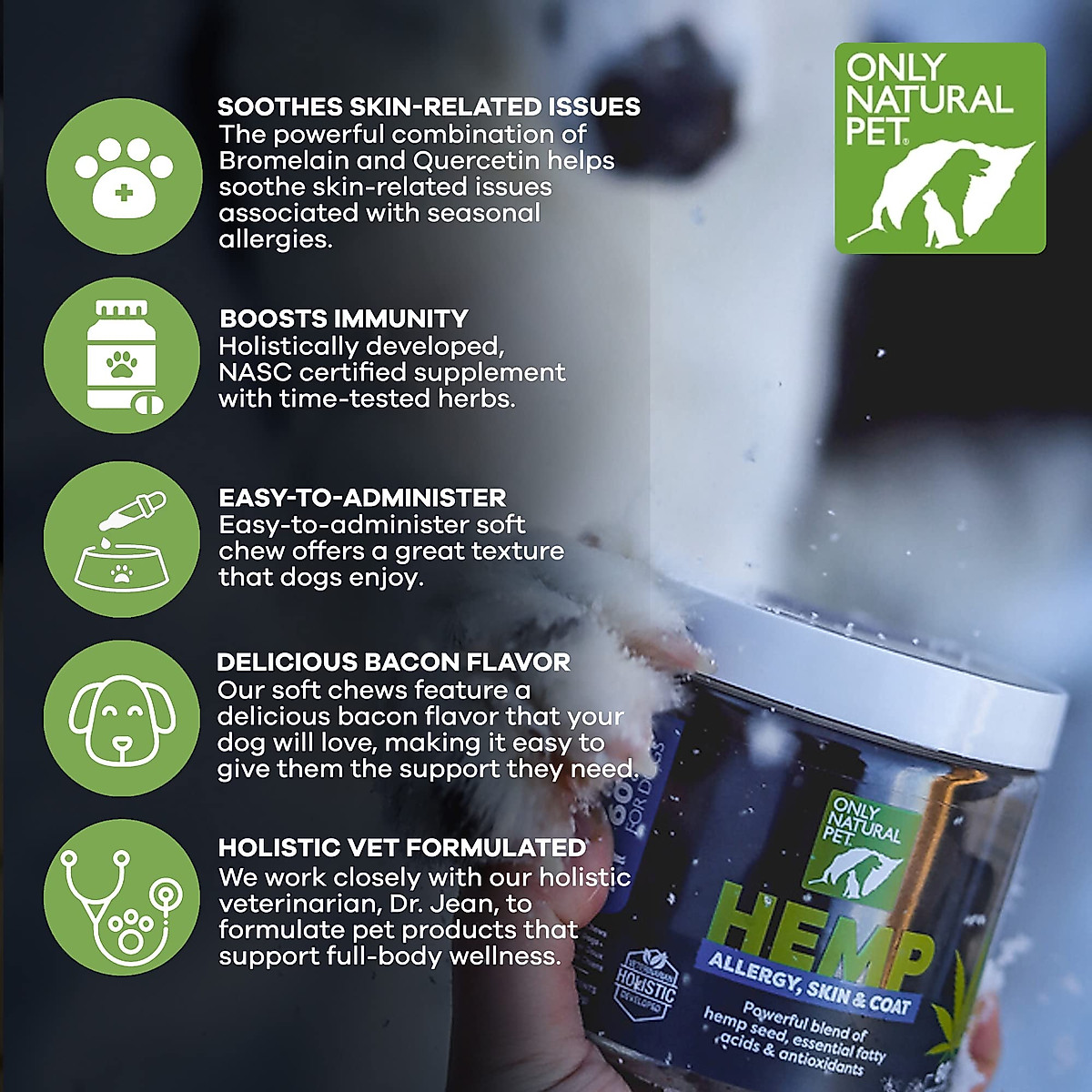 Only Natural Pet Allergy, Skin & Coat Hemp Soft Chews - Allergy Immune Bites for Dogs, Omega 3 Supplement, Hemp Oil - Calming Treats for Itchy Skin Relief, Hot Spot - (120 Count)